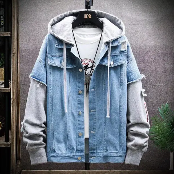 Hip Hop Hooded Denim Jacket with Knit Sleeves for Men - Dazpy