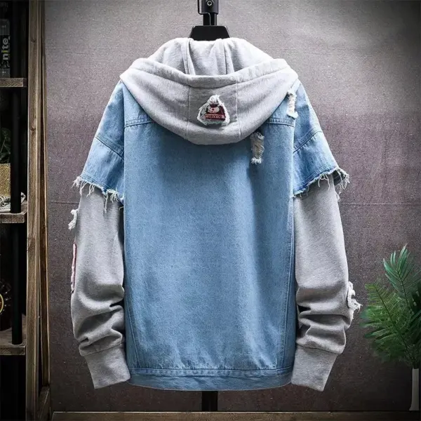 Hip Hop Hooded Denim Jacket with Knit Sleeves for Men - Dazpy