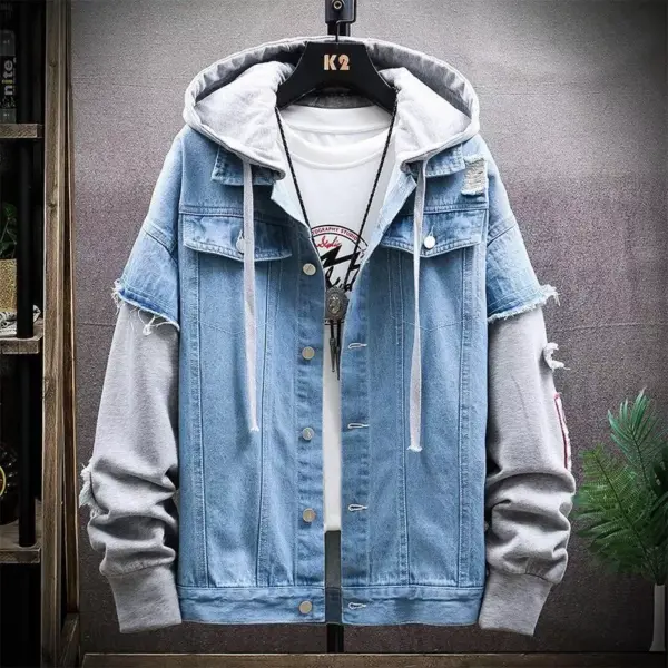 Hip Hop Hooded Denim Jacket with Knit Sleeves for Men - Dazpy
