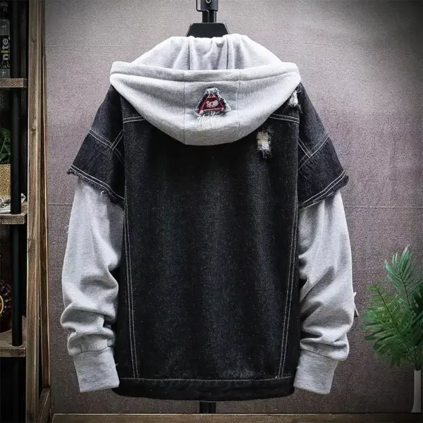 Hip Hop Hooded Denim Jacket with Knit Sleeves for Men - Dazpy