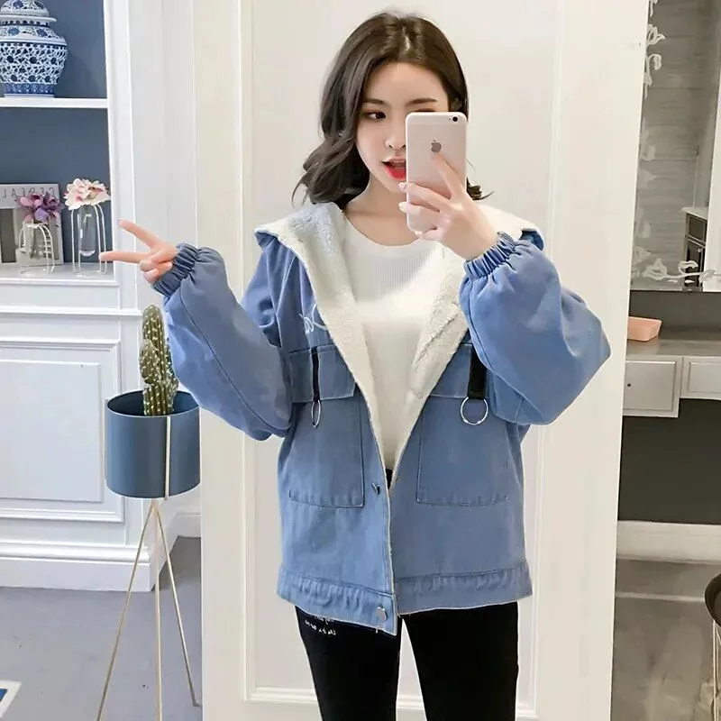 Women's Winter Velvet Denim Jacket with Embroidery and Hood - Dazpy